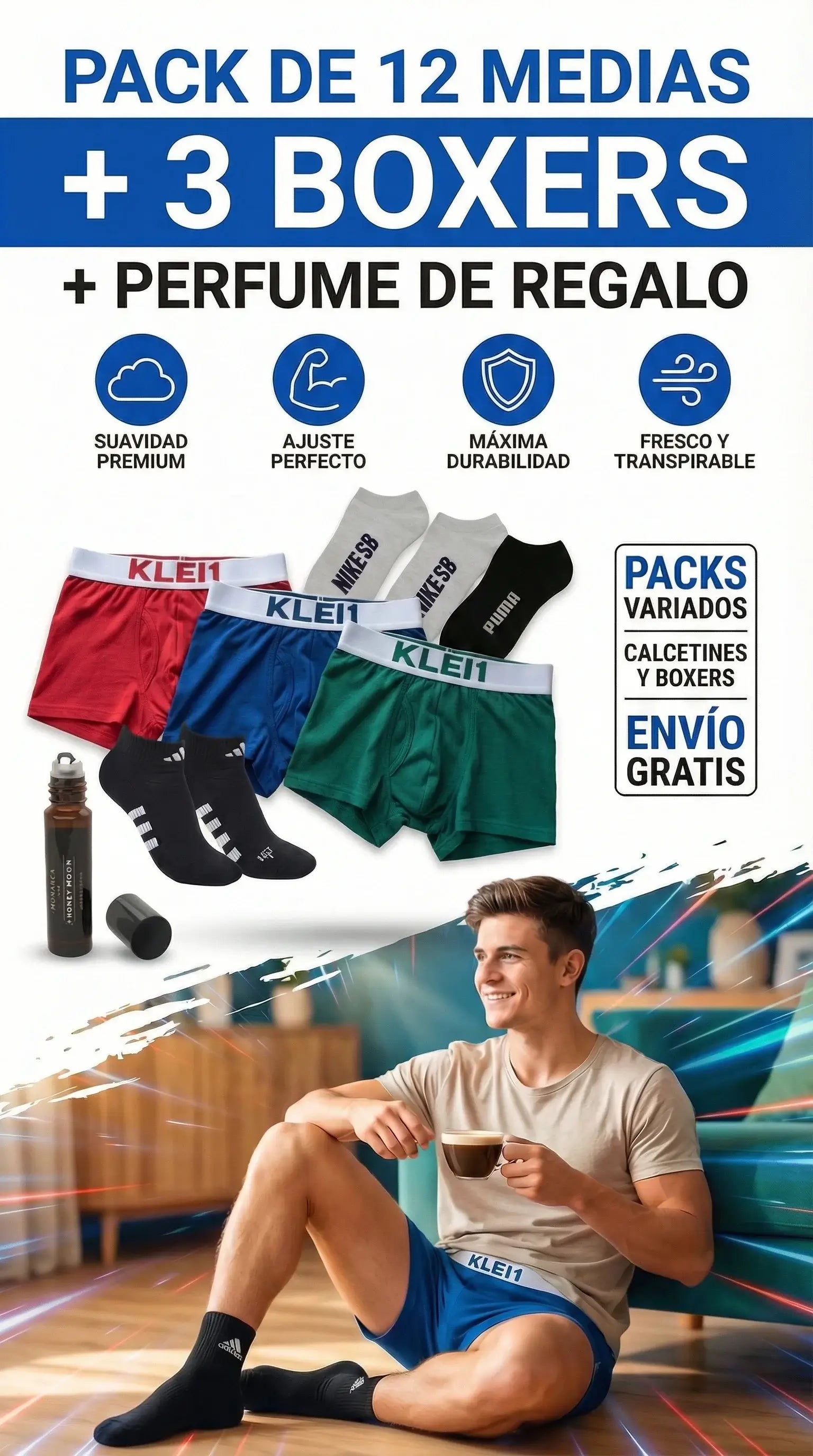 12 Pares de Media 100% Algodon + 3 boxer Premium + 1 Perfume de Feromo ...